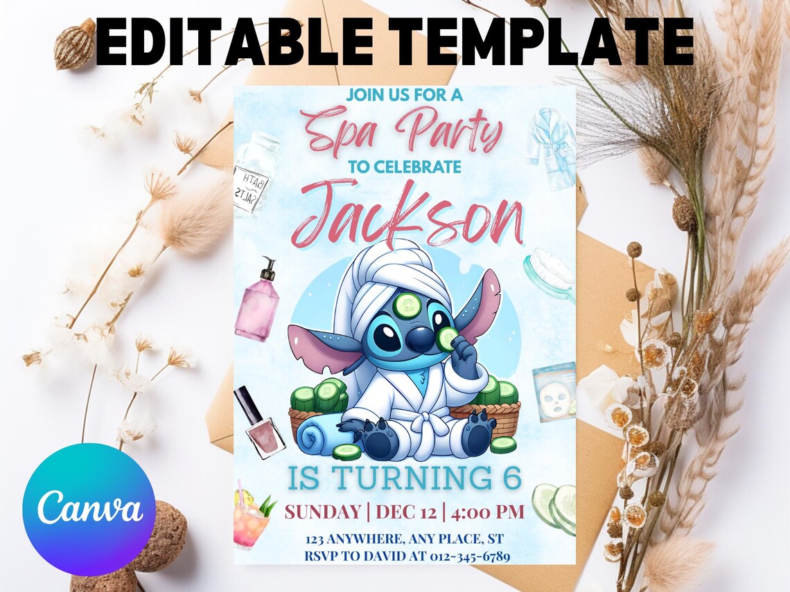 Personalized Stitch Spa Party Invitation: Editable Birthday Invite (PDF ...