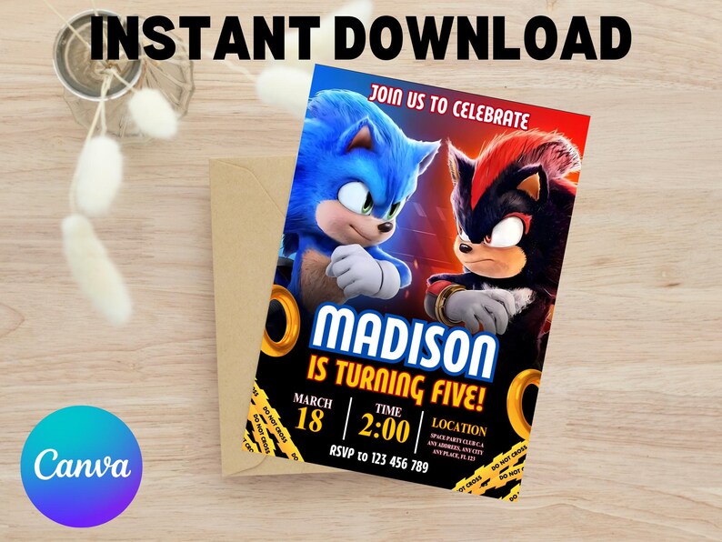 Sonic Birthday Invitation: Editable Canva Template (digital Download ...