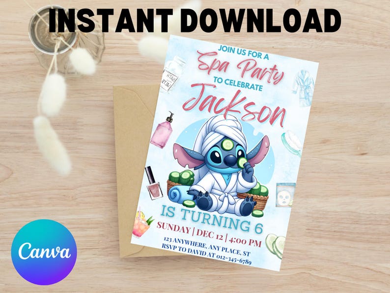 Personalized Stitch Spa Party Invitation: Editable Birthday Invite (PDF ...