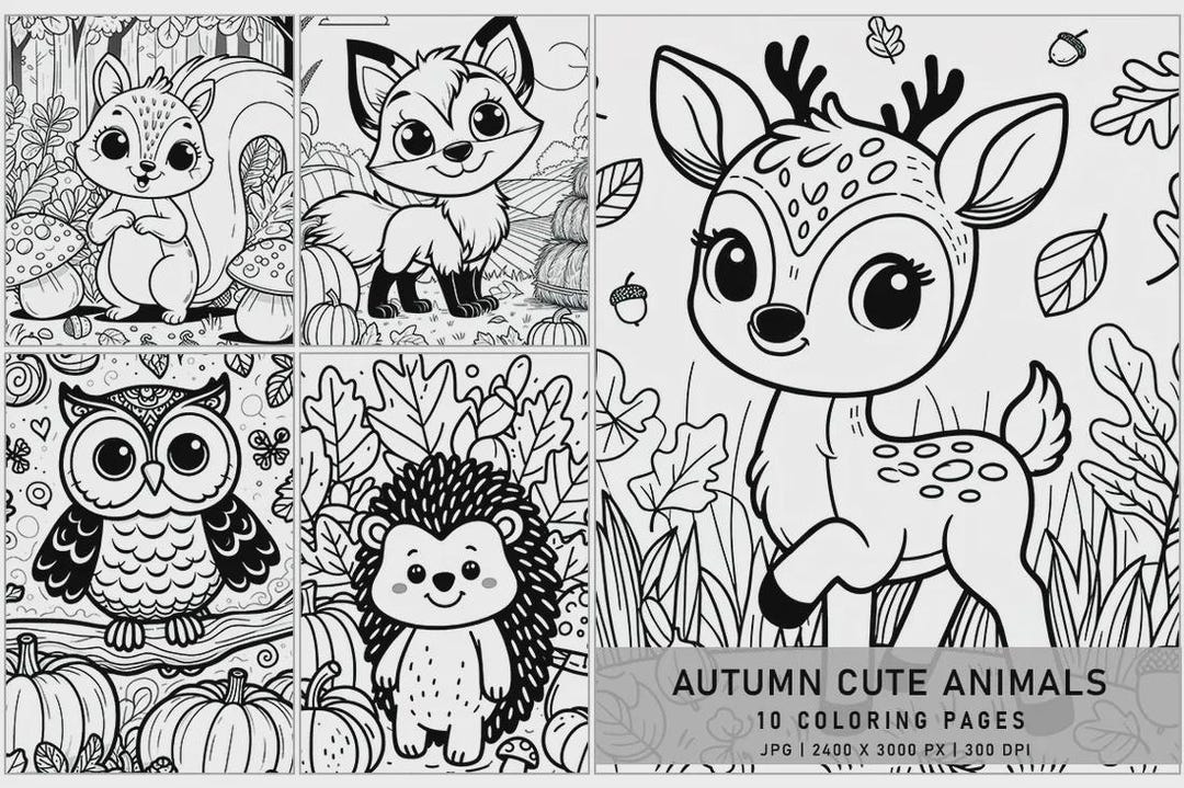 Autumn Animals Coloring Pages | Fall Kids Activity (PDF PNG JPG) - Etsy