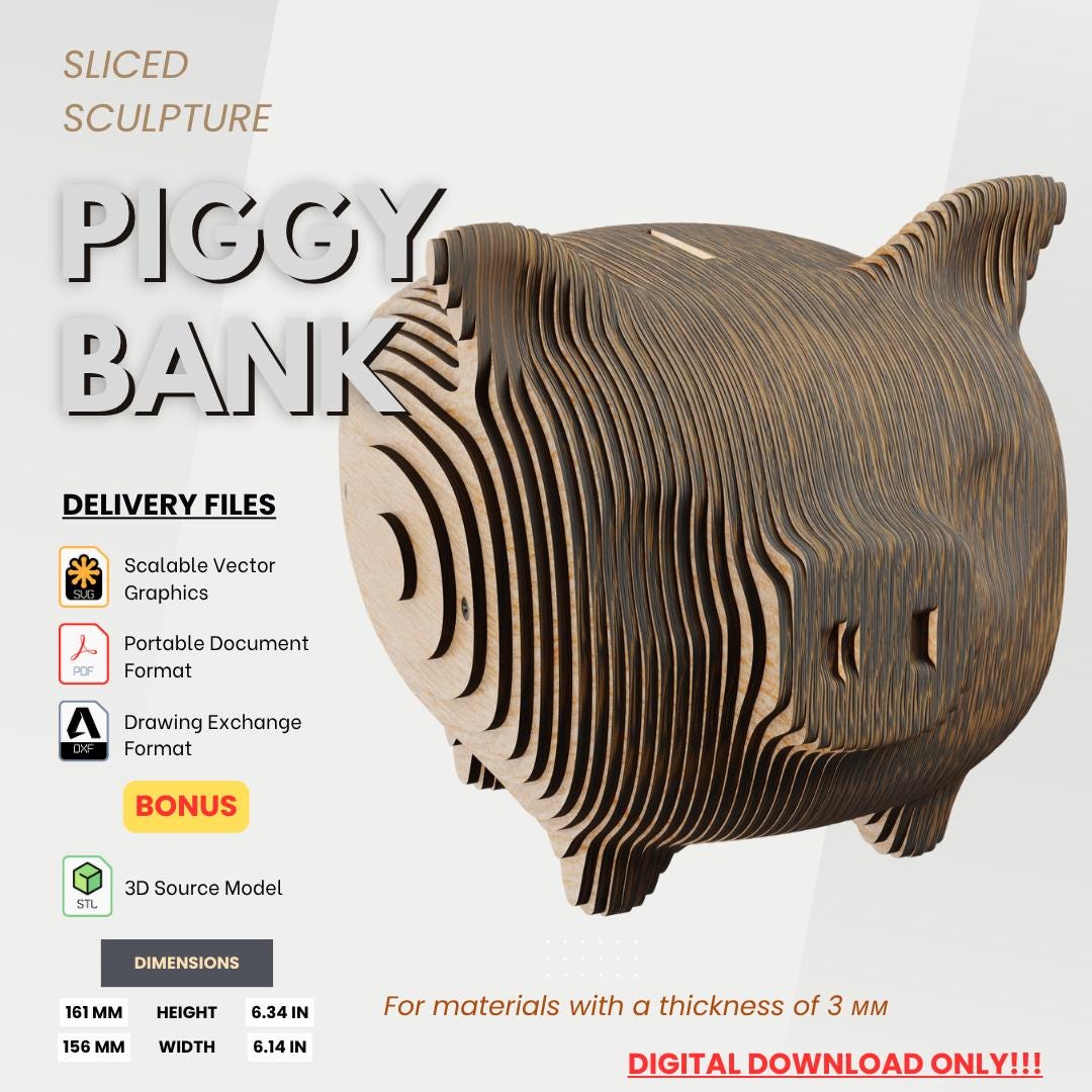 Laser Cut Piggy Bank: Sliced Wood Sculpture Vector Files (DXF, PDF, SVG ...