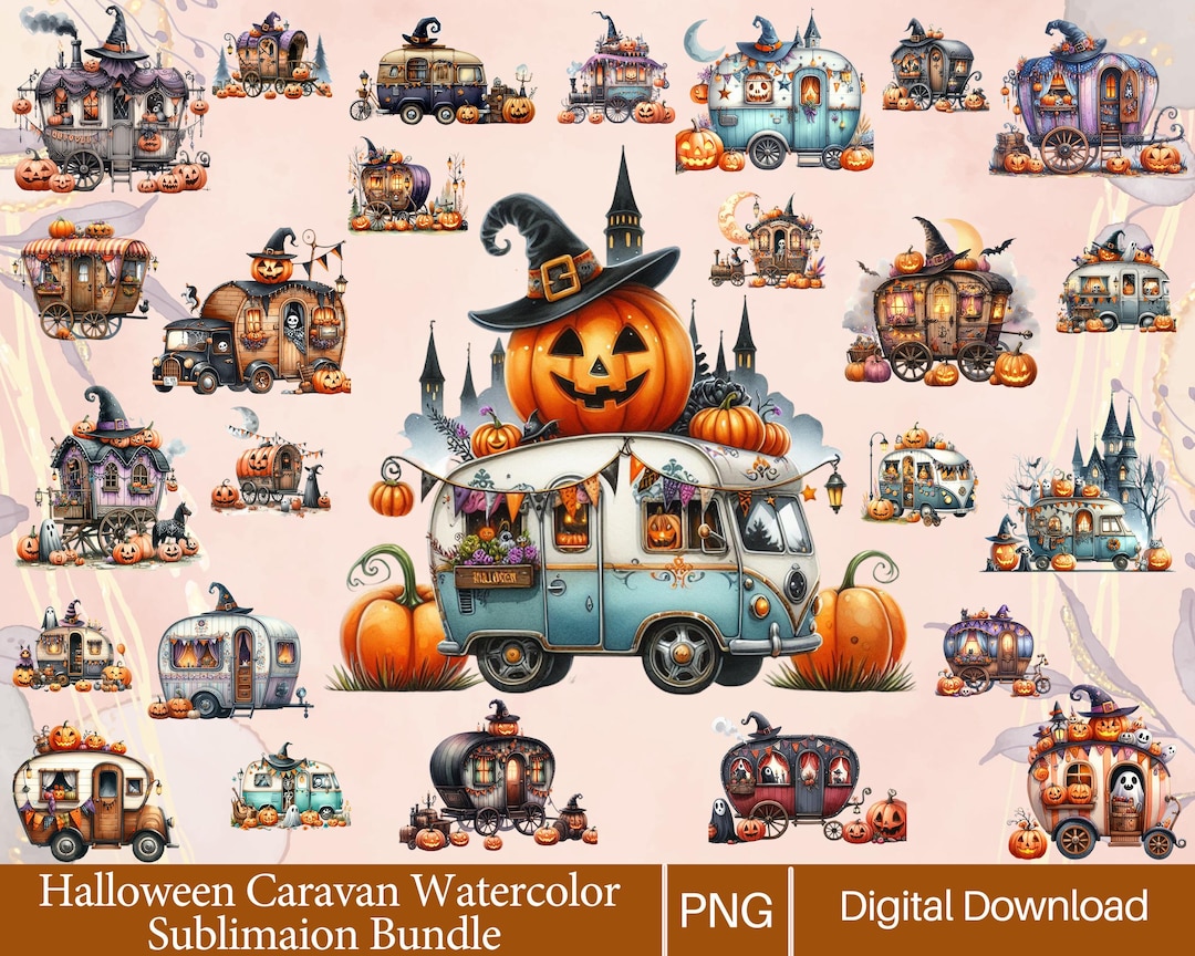 Halloween Camper Van Watercolor Clipart: Spooky Caravan PNG Bundle ...