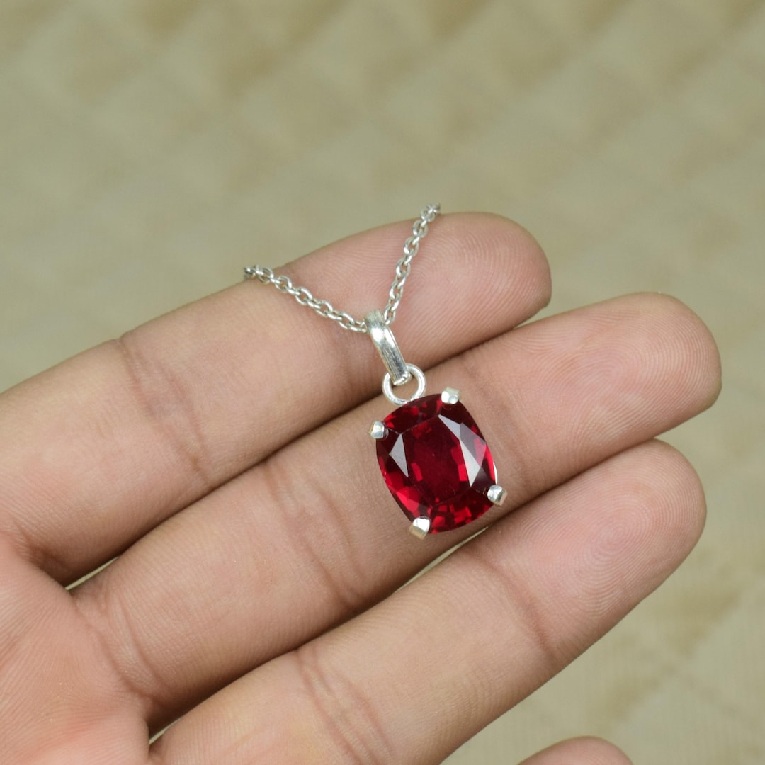 Red Ruby Necklace – Luxury Red Stone Jewelry, Cushion Shape Ruby Silver ...