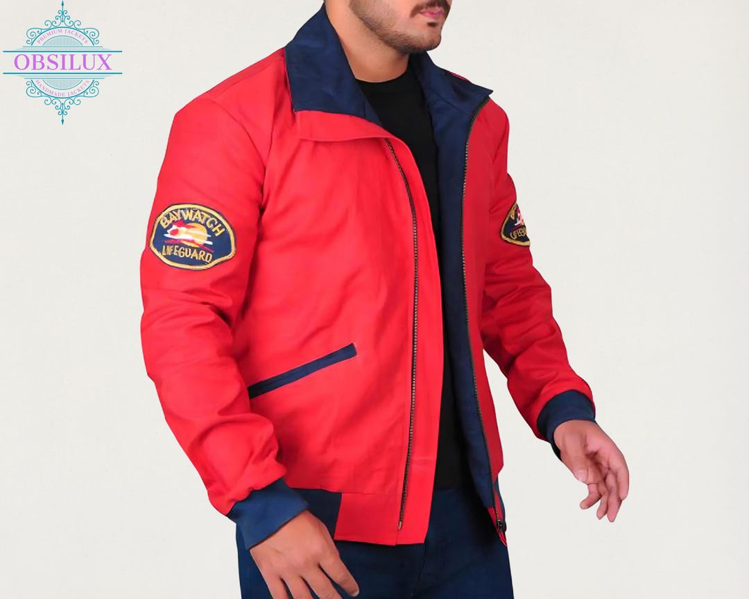 Men’s Baywatch Red Cotton Bomber Jacket, Inspired by David Hasselhoff ...