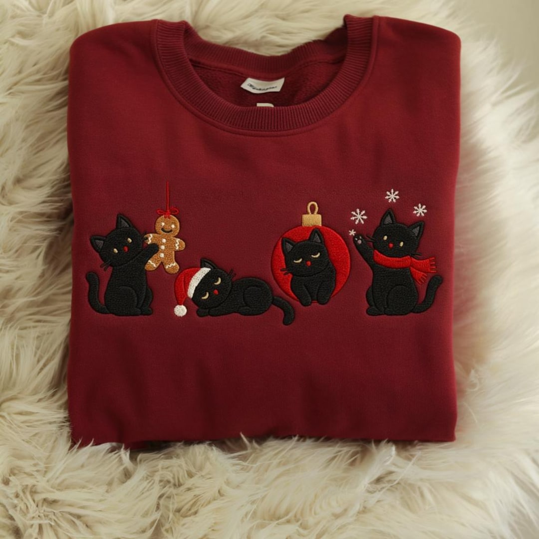 Black Cat Embroidered Holiday Sweater, Christmas Cat Lover Sweatshirt ...