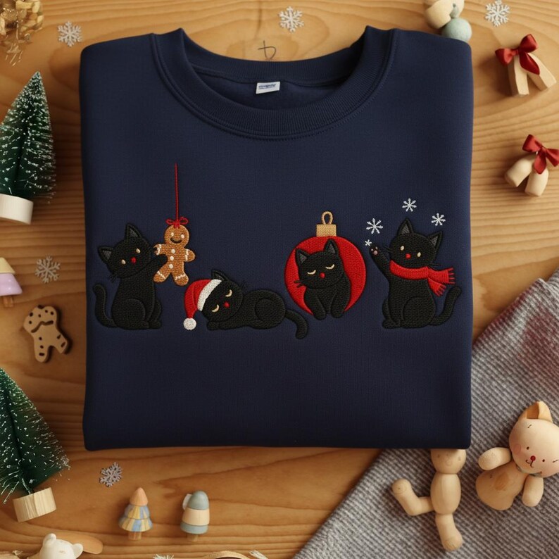 Black Cat Embroidered Holiday Sweater, Christmas Cat Lover Sweatshirt ...