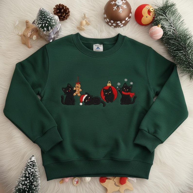 Black Cat Embroidered Holiday Sweater, Christmas Cat Lover Sweatshirt ...