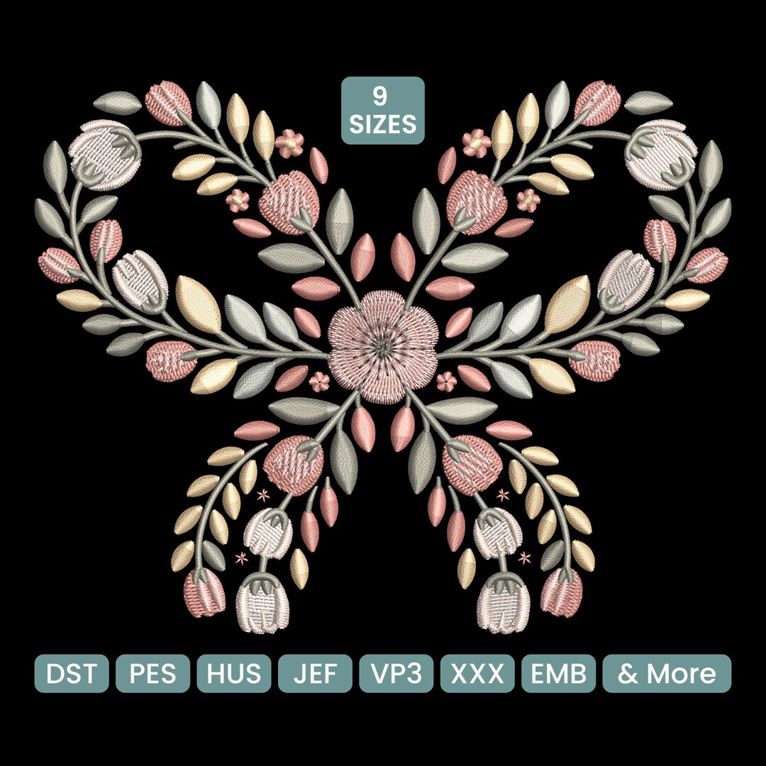 Floral Bow Machine Embroidery Design, Cute Ribbon Pattern DST, Boho ...
