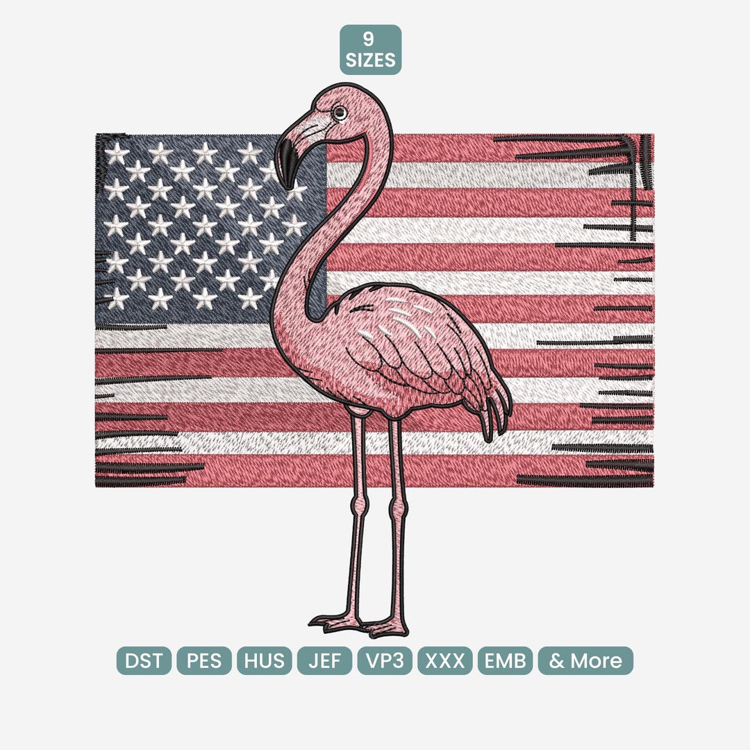 American Flag Flamingo Embroidery Design, 4th of July Patriotic USA ...