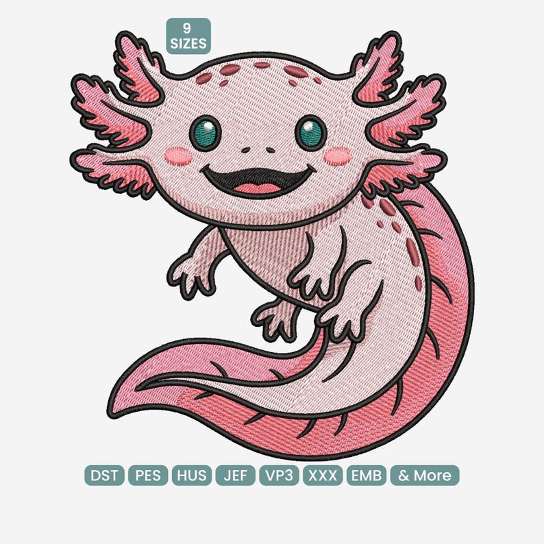Baby Axolotl Embroidery Design, Pink Kawaii Water Salamander Embroidery ...