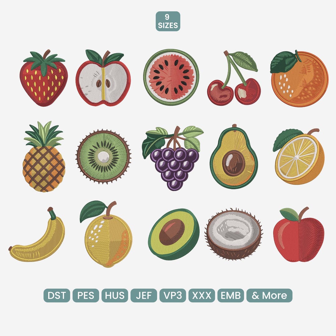 Fruit Embroidery Design Bundle, Strawberry Kiwi Watermelon Citrus Grape ...