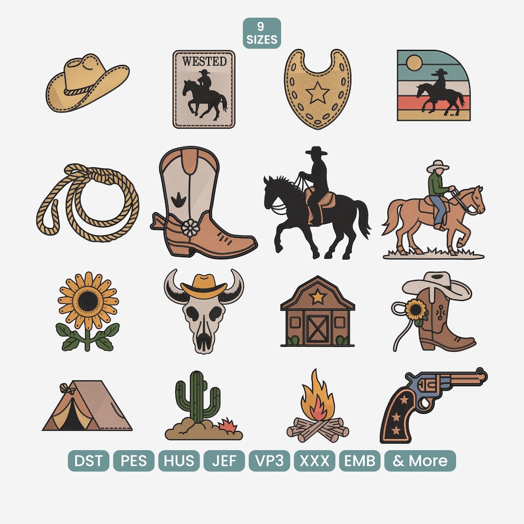 Cowboy Western Embroidery Bundle, Hat Boots Lasso Rider Barn Skull ...