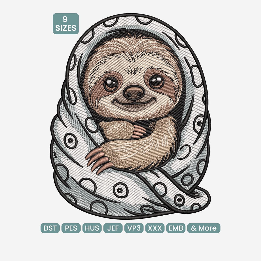 Wrapped Sloth Embroidery Design, Baby Sloth Blanket Pattern, Cute ...