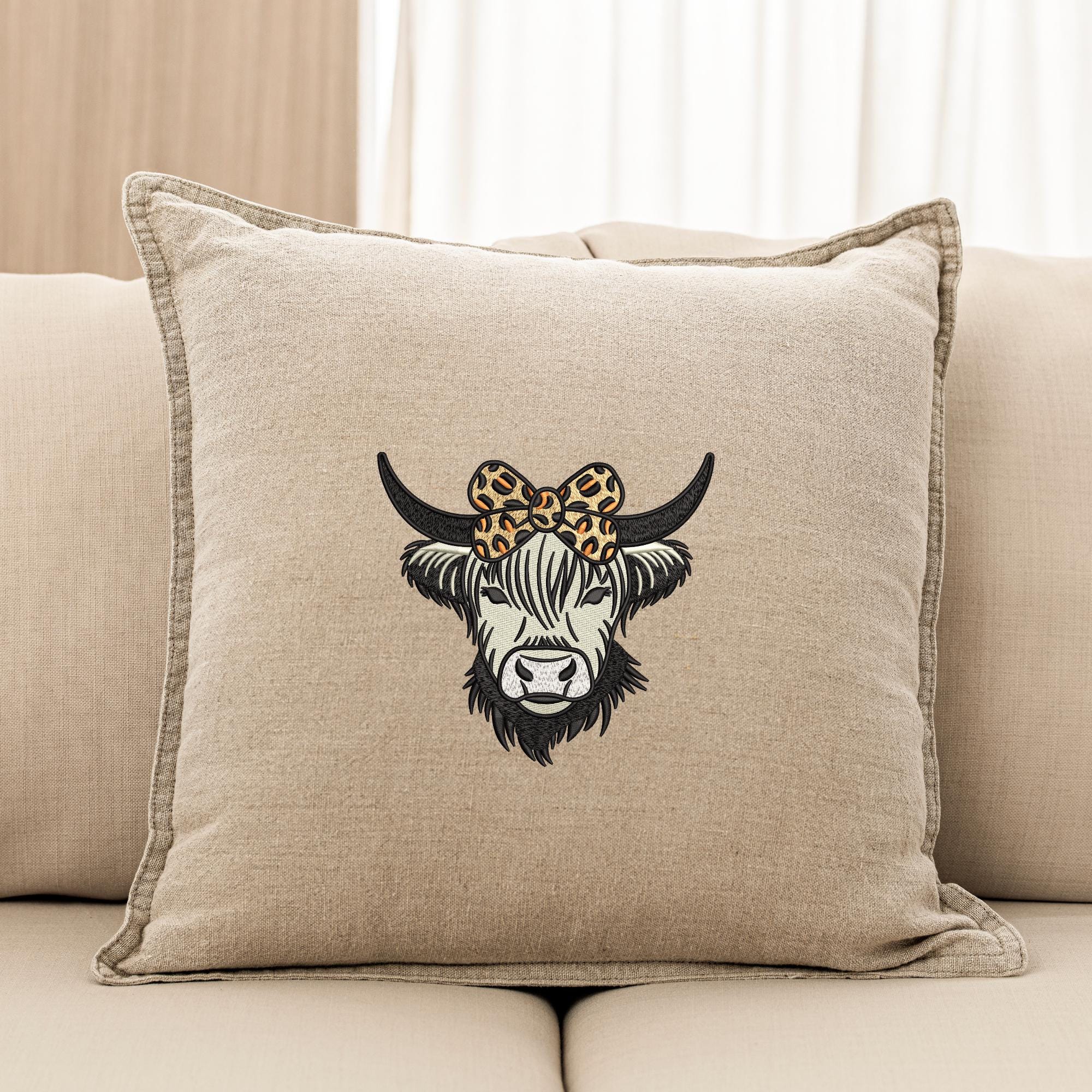 Highland Cow With Bow Embroidery Design, Floral Farm Animal Stitch Art ...