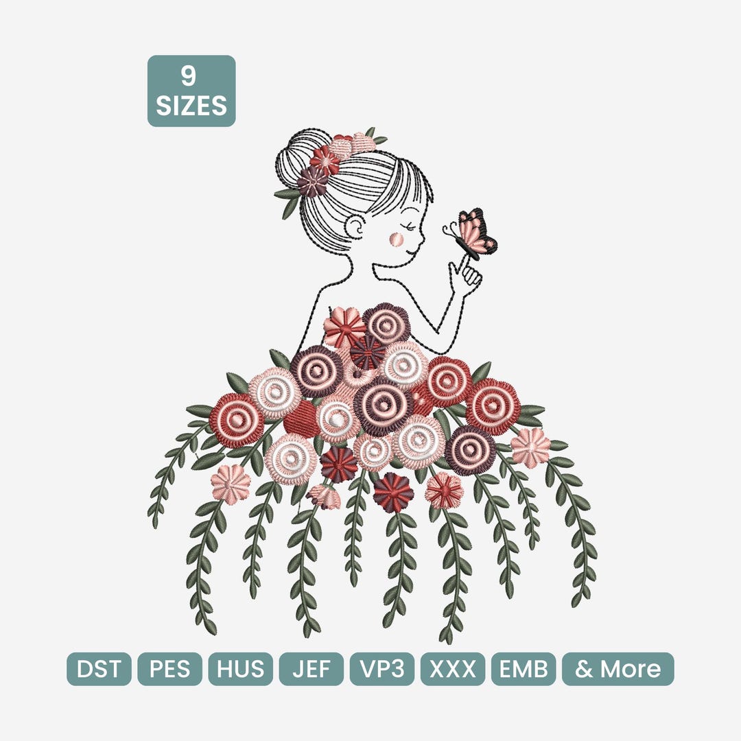 Flower Dress Girl Embroidery Design, Floral Lady Pattern PES, Artistic ...