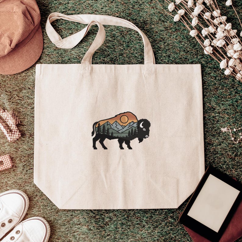 Mountain Bison Embroidery Design, Western Sunset Pattern DST, Rustic ...