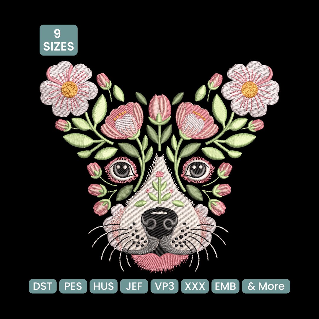 Floral Dog Face Embroidery Design, Pet Flower Pattern PES, Rustic ...