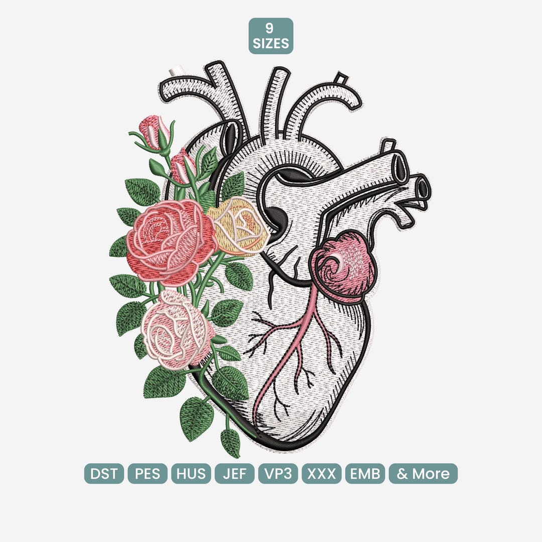 Floral Anatomical Heart Embroidery Design, Botanical Medical Heart ...