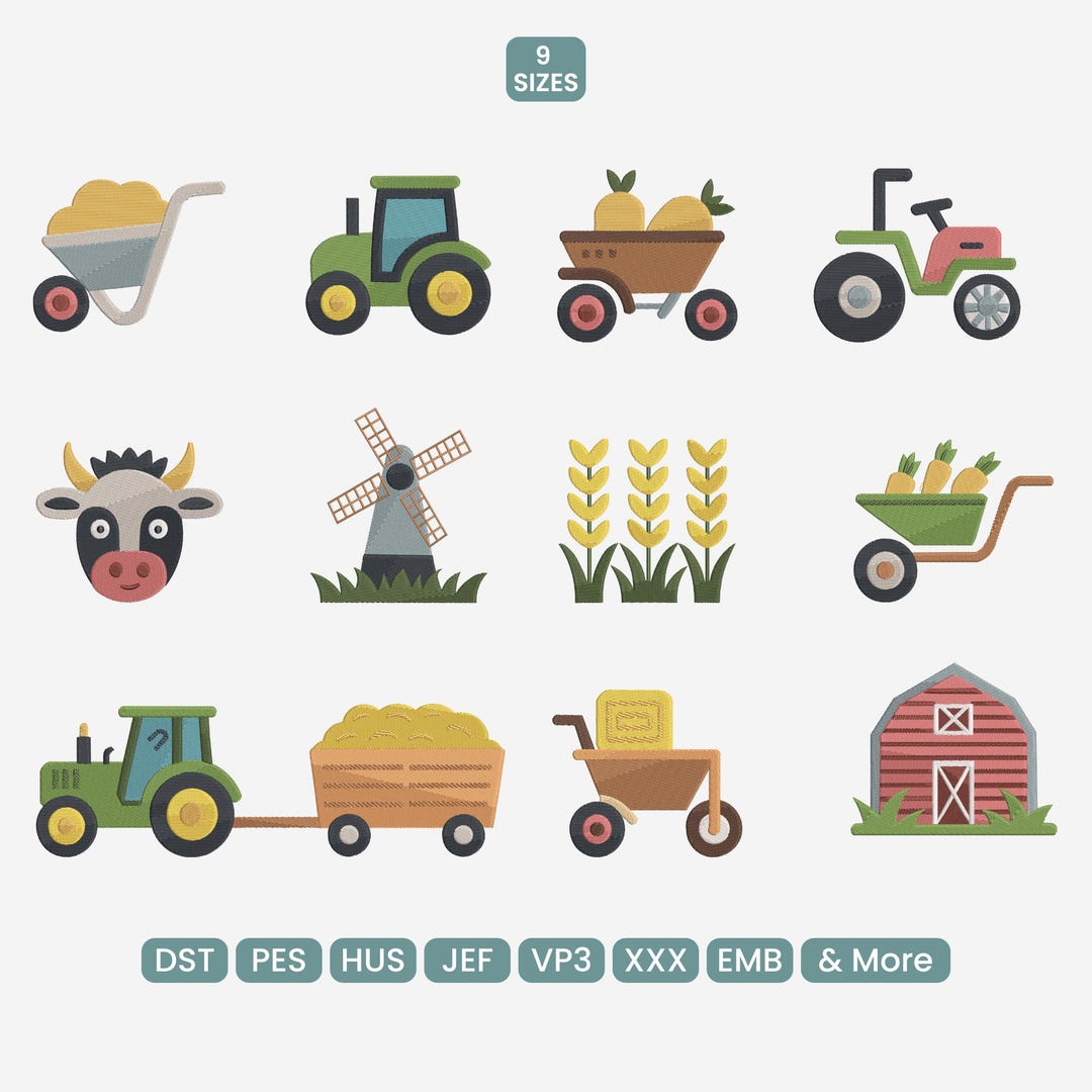 Farm Tractor Embroidery Bundle, Barn Windmill Cow Wheat Harvest ...