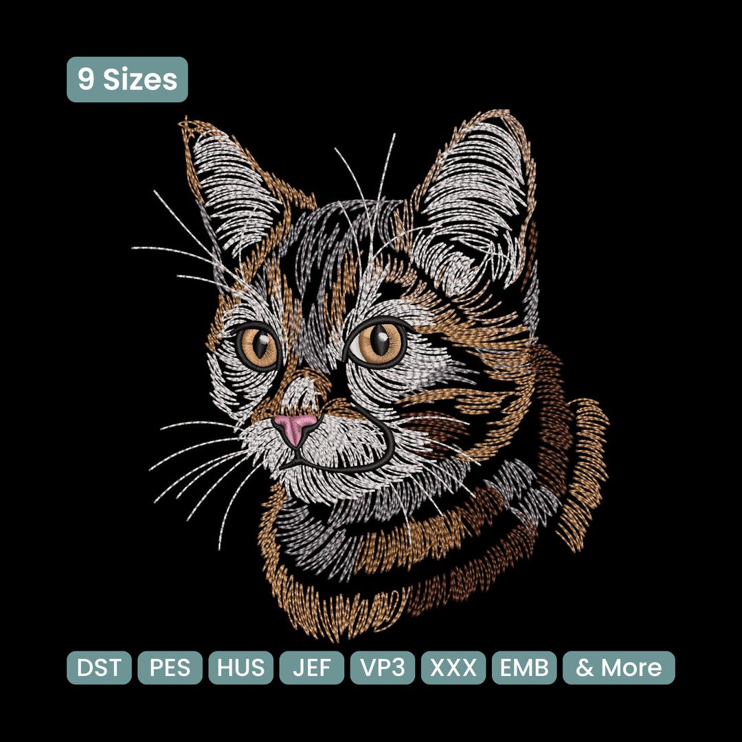 Realistic Cat Portrait Embroidery Design, Detailed Animal Face Machine ...