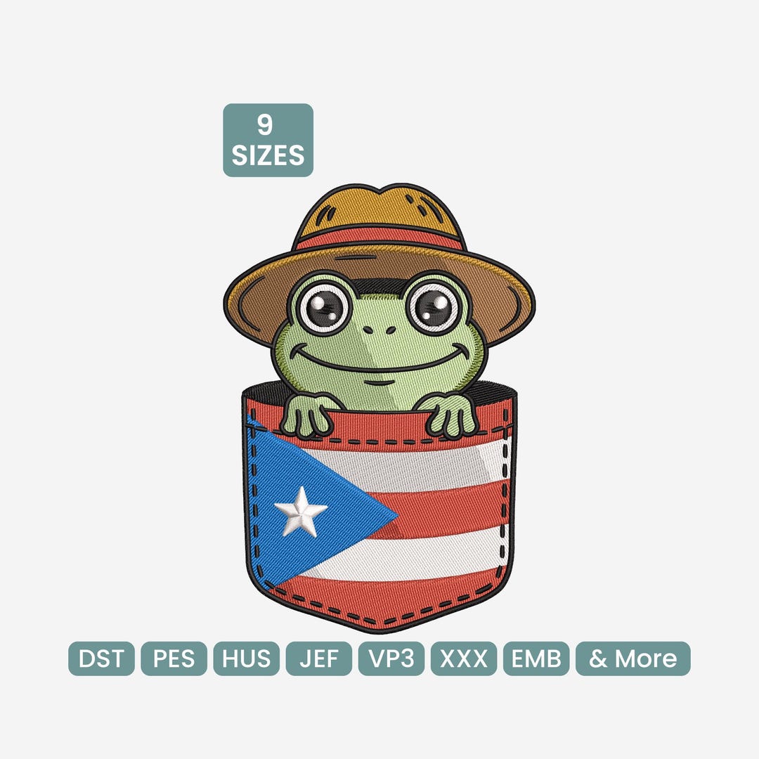 Jibaro Coqui Frog Puerto Rico Flag Pocket Embroidery Design – Tropical ...