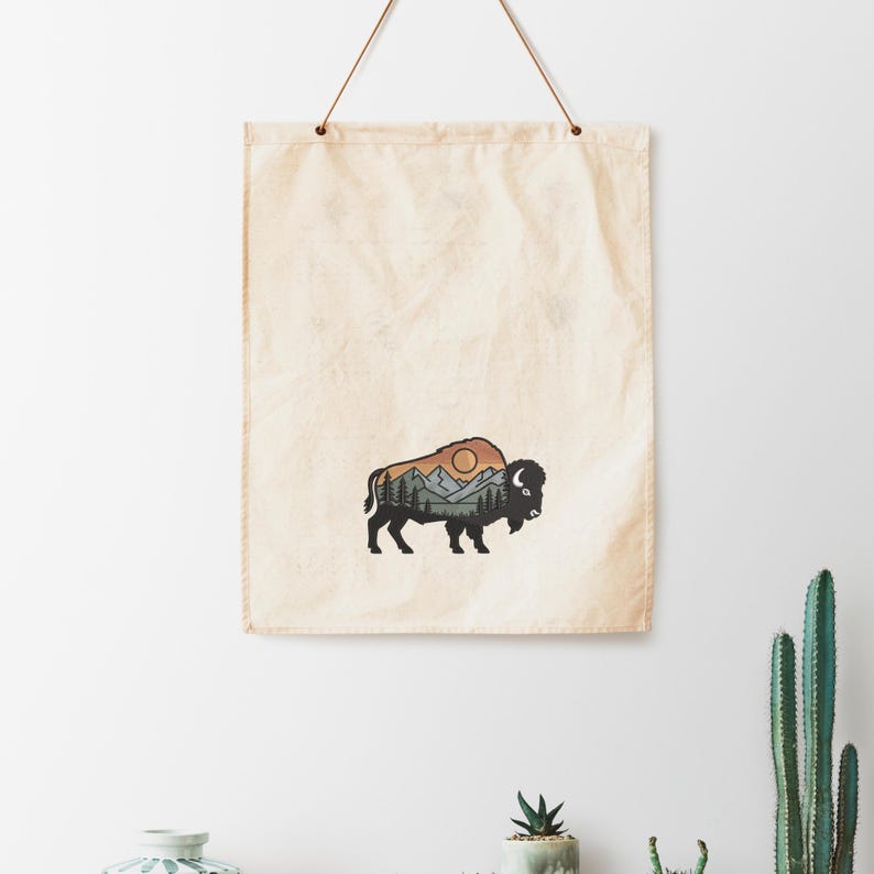 Mountain Bison Embroidery Design, Western Sunset Pattern DST, Rustic ...