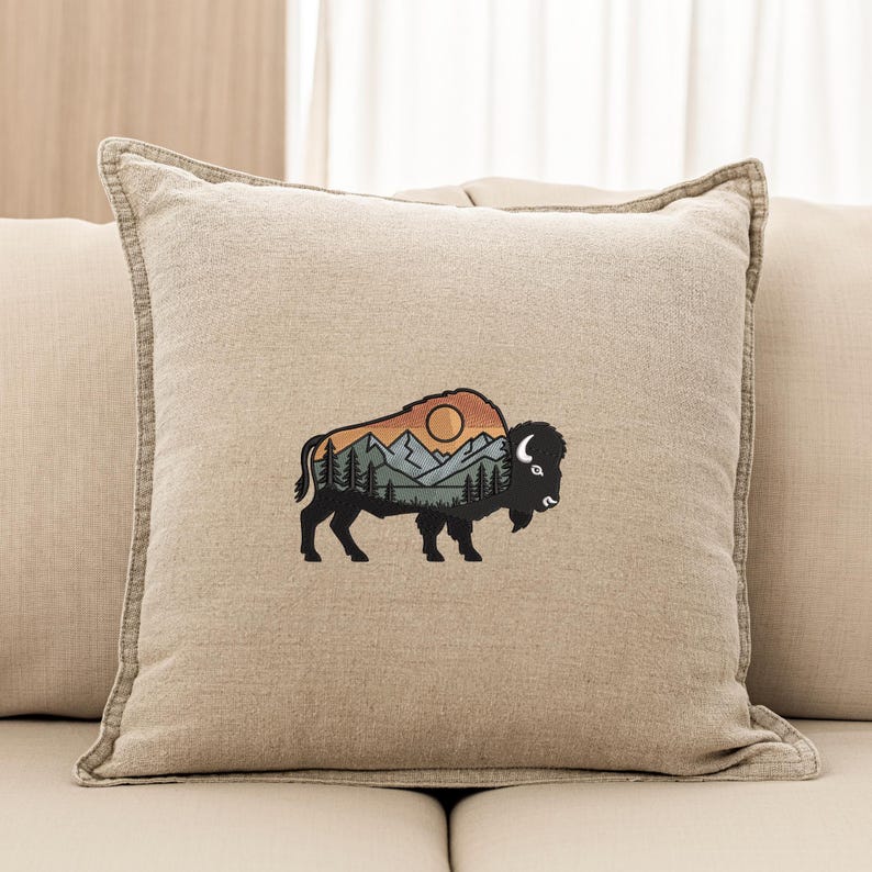 Mountain Bison Embroidery Design, Western Sunset Pattern DST, Rustic ...