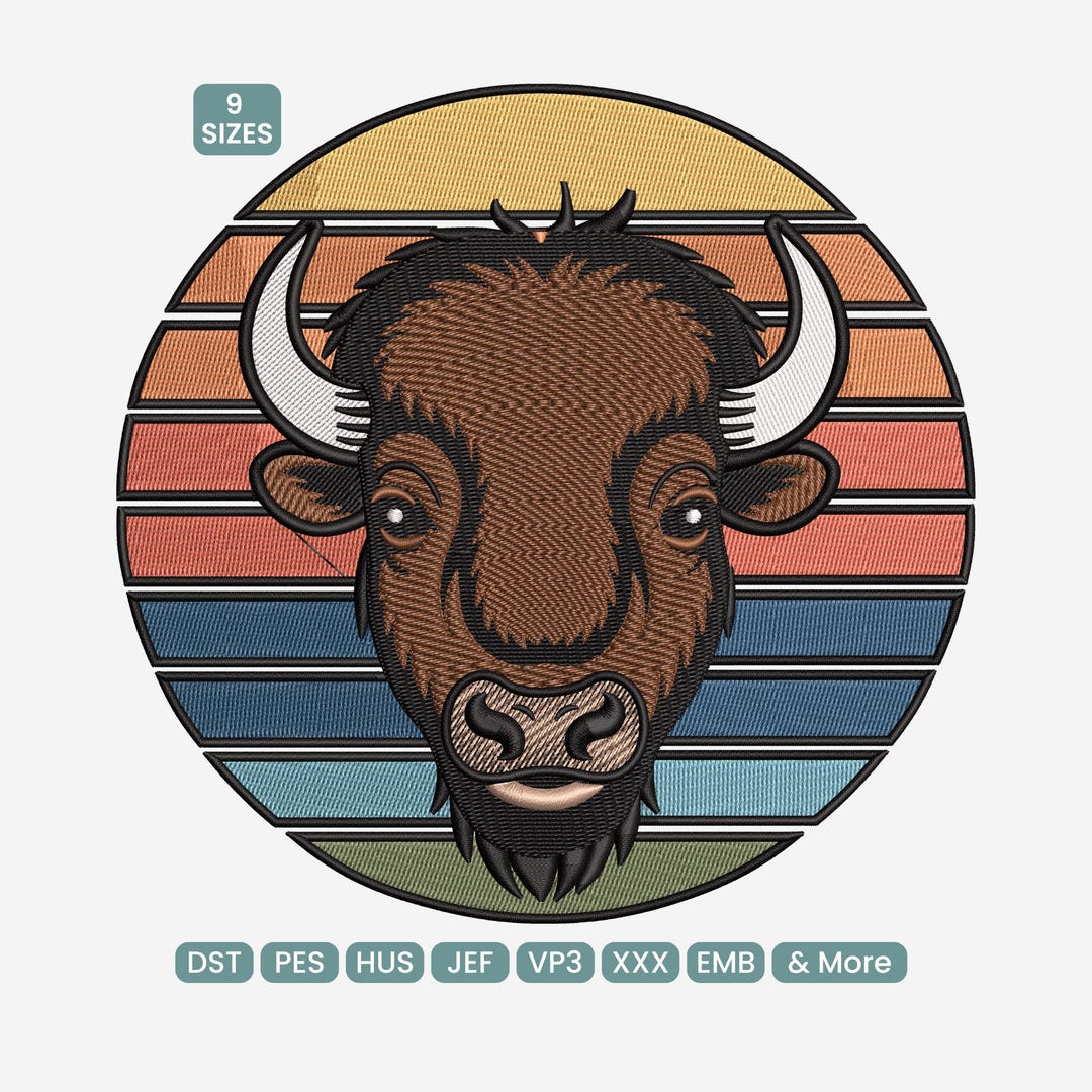 Retro Bison Embroidery Design, Vintage Western Pattern DST, Boho Animal ...