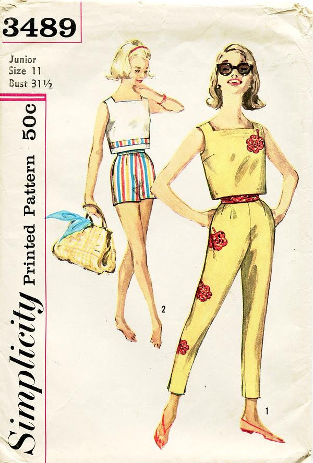 Sz 11 Vintage Simplicity 3489 Teen and Junior Crop Top and Pants in Two Lengths and Cummerbund ...