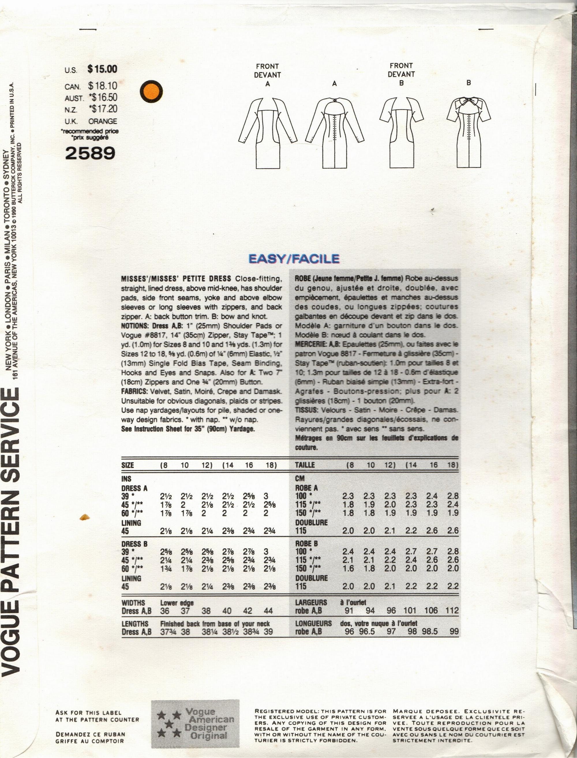 Sz 14 18 Vogue 2589 American Designer Victor Costa Misses'/ Misses ...