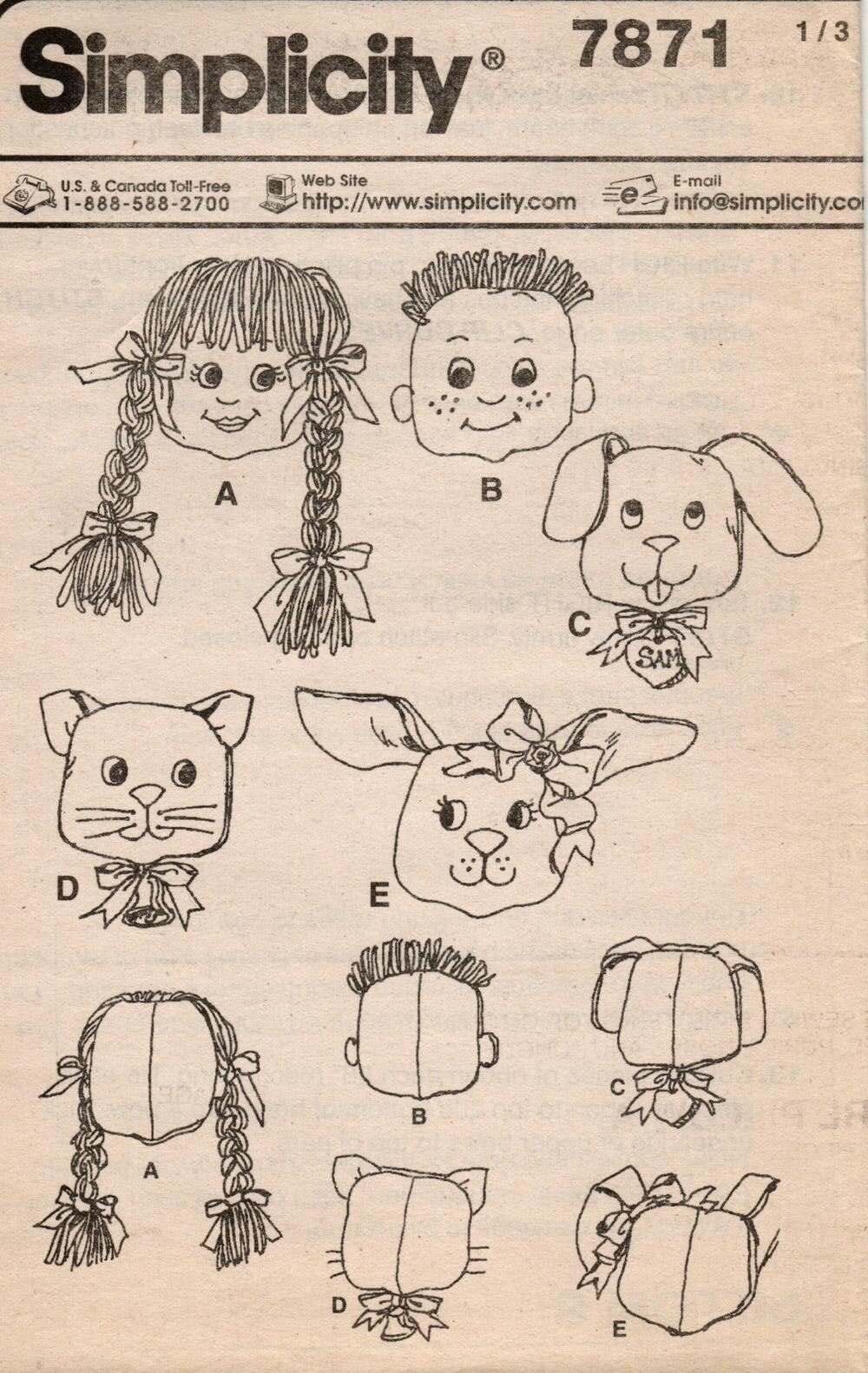 One Size Simplicity Sewing Pattern 7871 Craft Stuff Pillow Faces, Cat ...