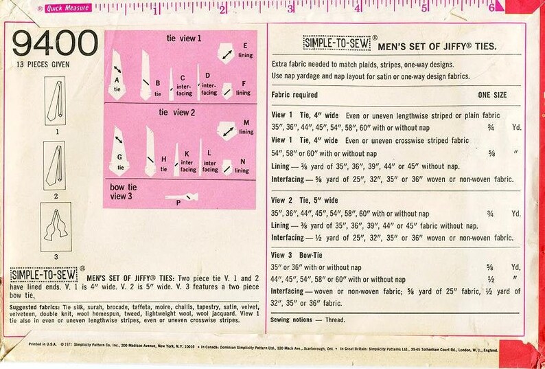 Simplicity Simple-to-sew Pattern 9400 - Men's Set of Jiffy Ties - Bow ...
