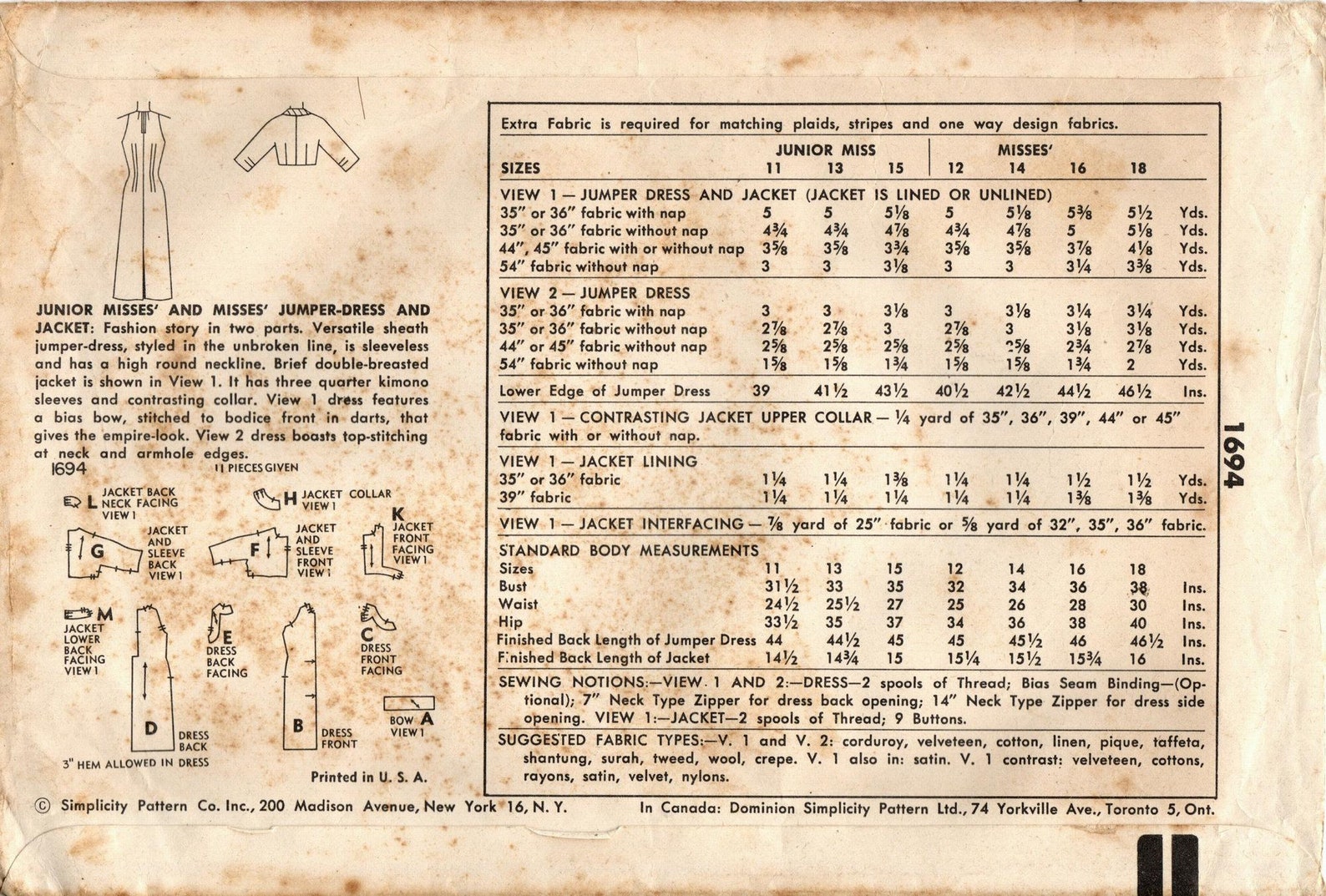 Sz 12 Vintage Simplicity Sewing Pattern 1694 Junior Misses' and Misses ...