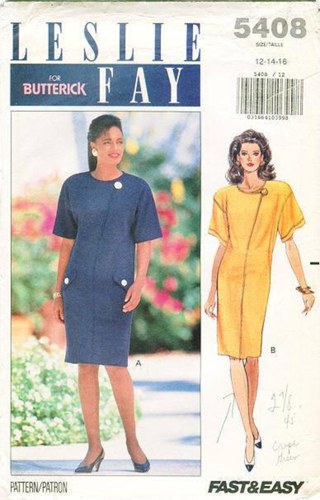 Butterick Pattern 5408 Sewing Pattern - Size 12 Thru 16 Misses' Fast ...