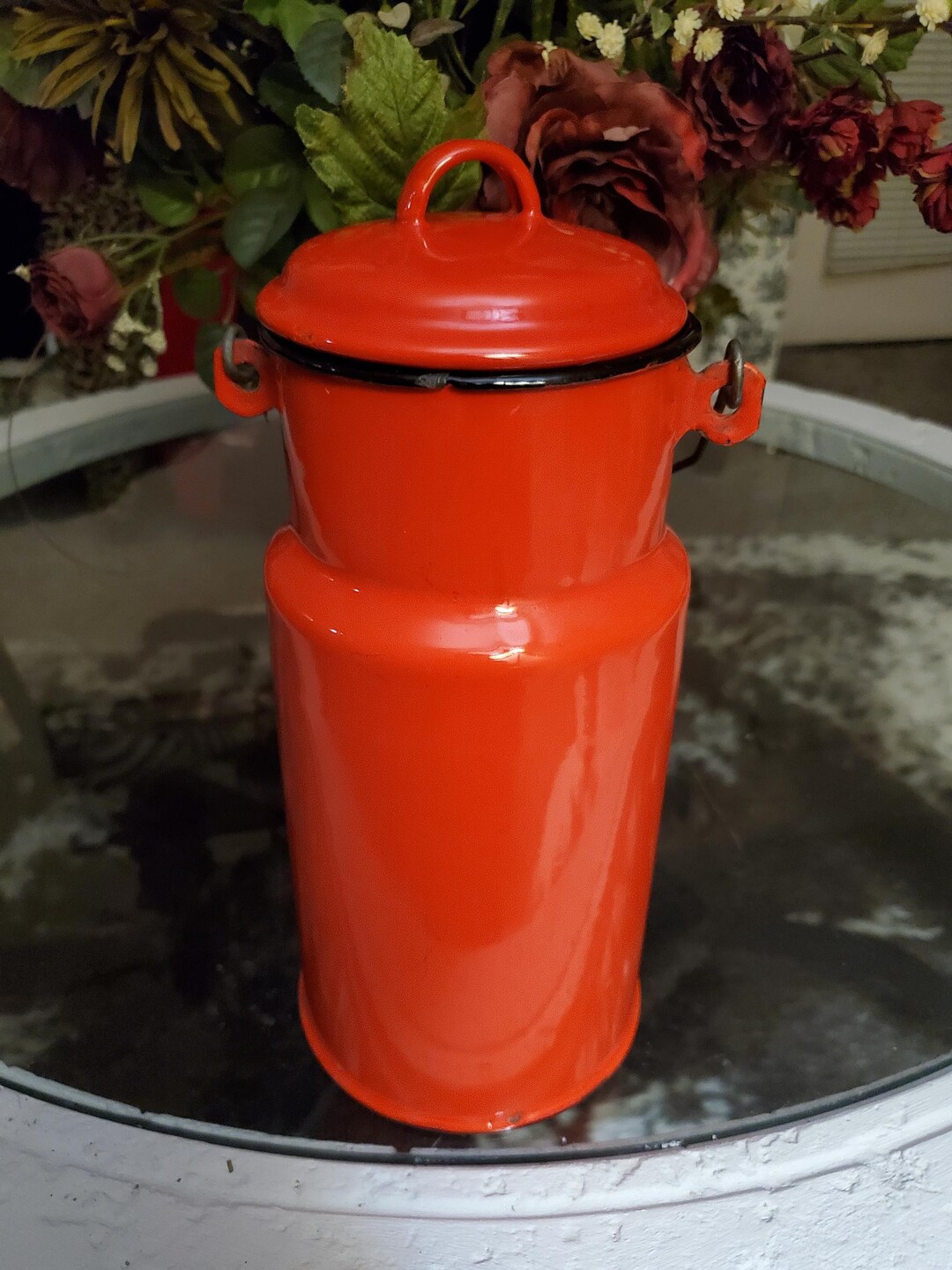 Vtg Red Enamelware Milk Can/pail With Lid Has Wooden Handle and Metal ...