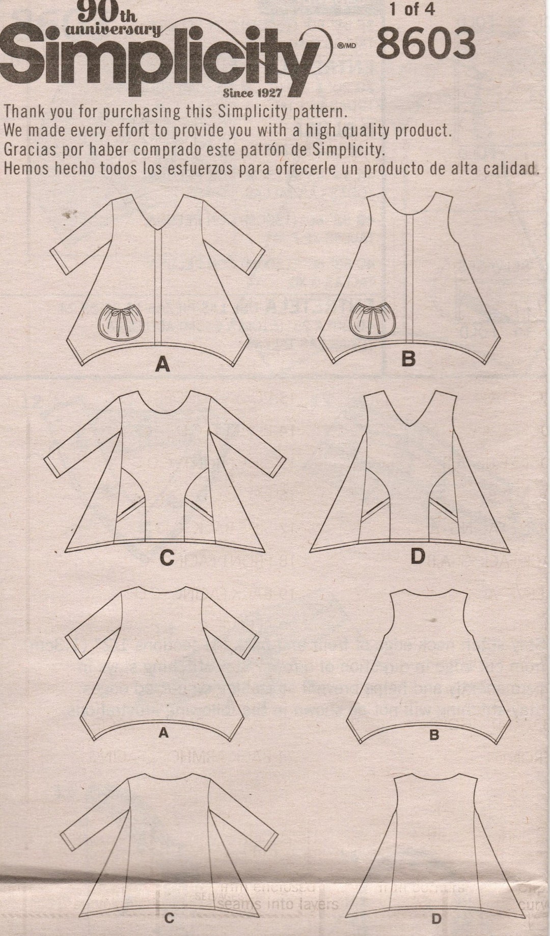 Simplicity 8603 Sewing Pattern - Sz Sm Thru XL - Simplicity 90th Anniversary - Misses' Pullover ...