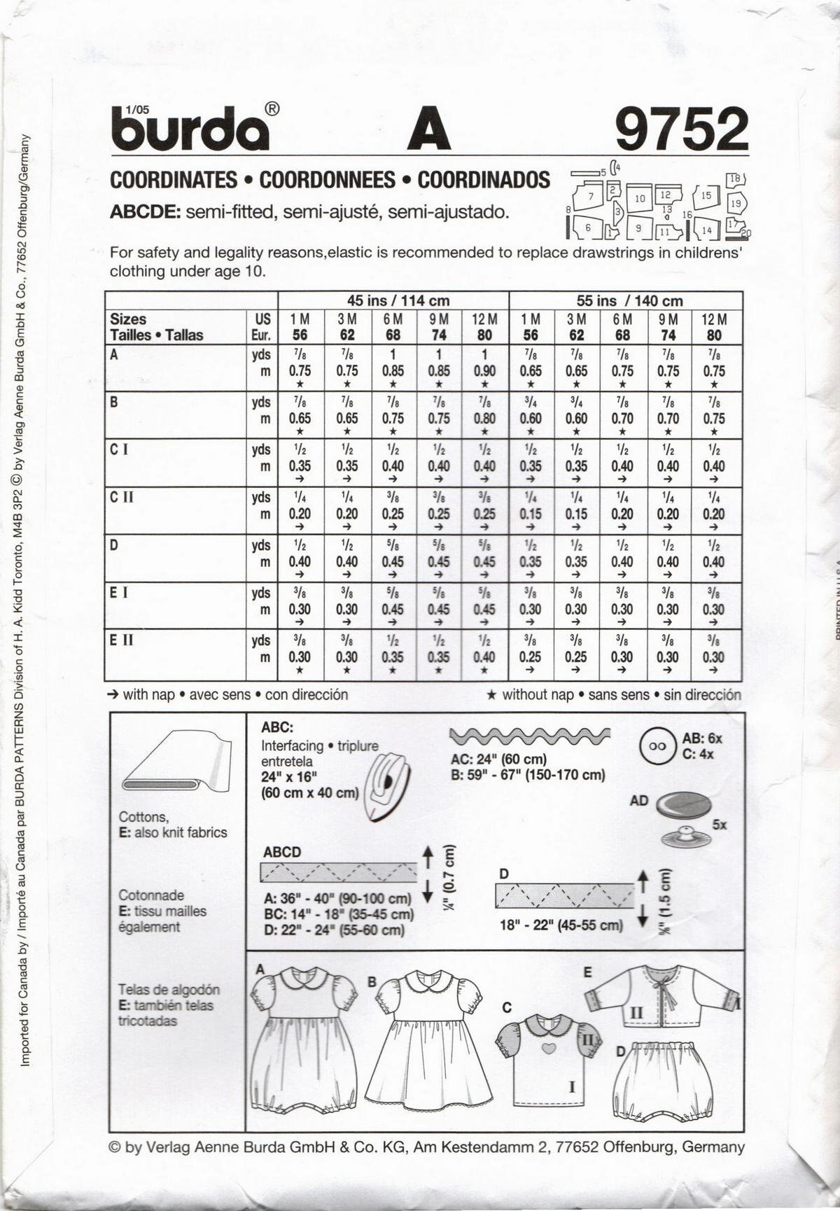 Sz 1 Thru 12 Mos. Easy Burda 9752 Pattern Infants' Corordinates Dress ...