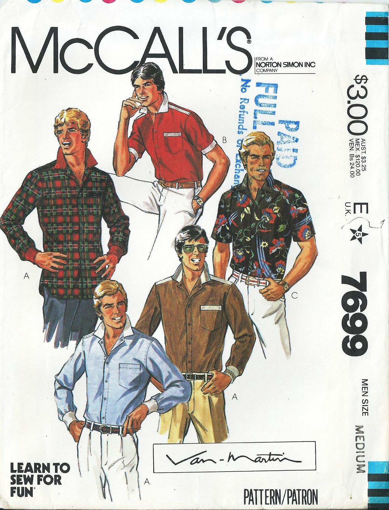 Sz Med VTG Mccall's Sewing Pattern 7699 Van Martin Men's Casual Shirts ...