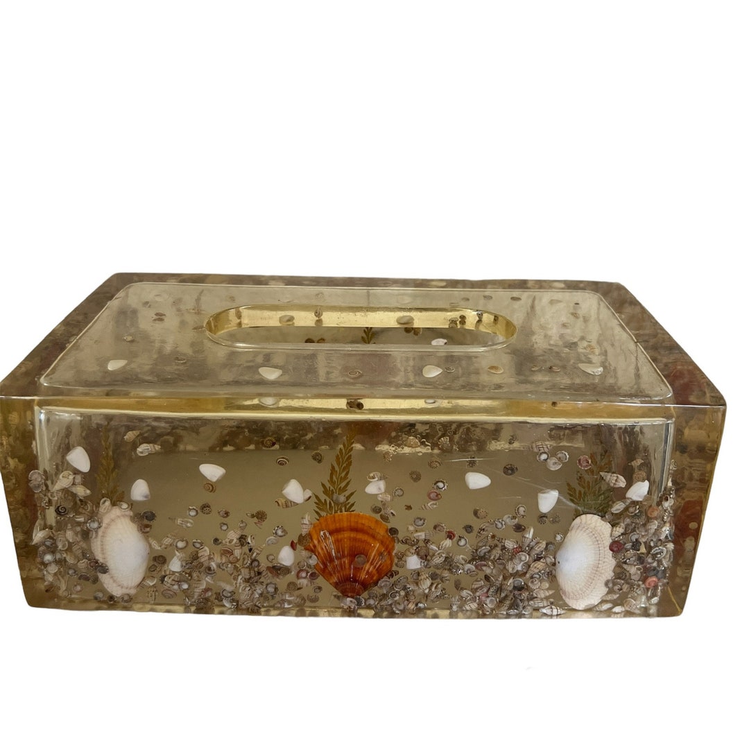 Lucite Tissue Box Cover Resin Heavy Seashells Beach Nautical Coastal ...