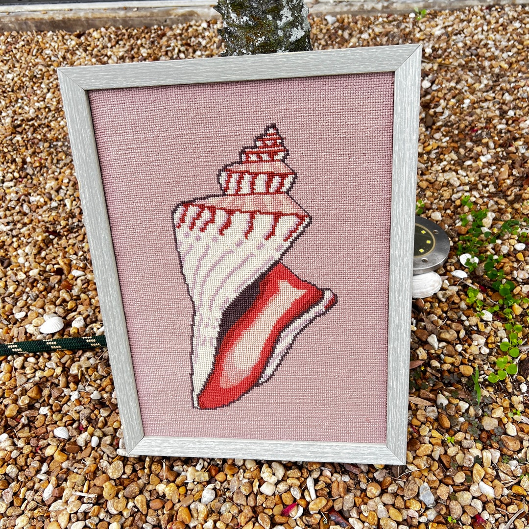 Needlepoint Framed Seashell Completed Sea Life Coastal Beach Cottage ...