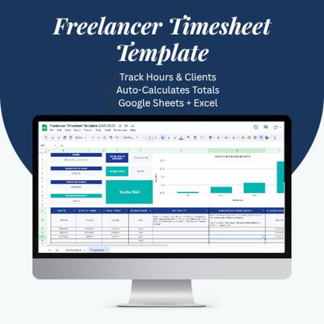 Freelance Timesheet Template Google Sheets + Excel Hour Tracker for ...