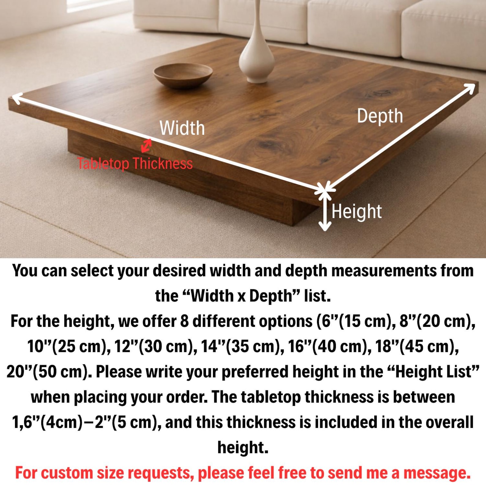 Square Low Coffee Table, Solid Walnut Japandi Centerpiece, Minimal ...