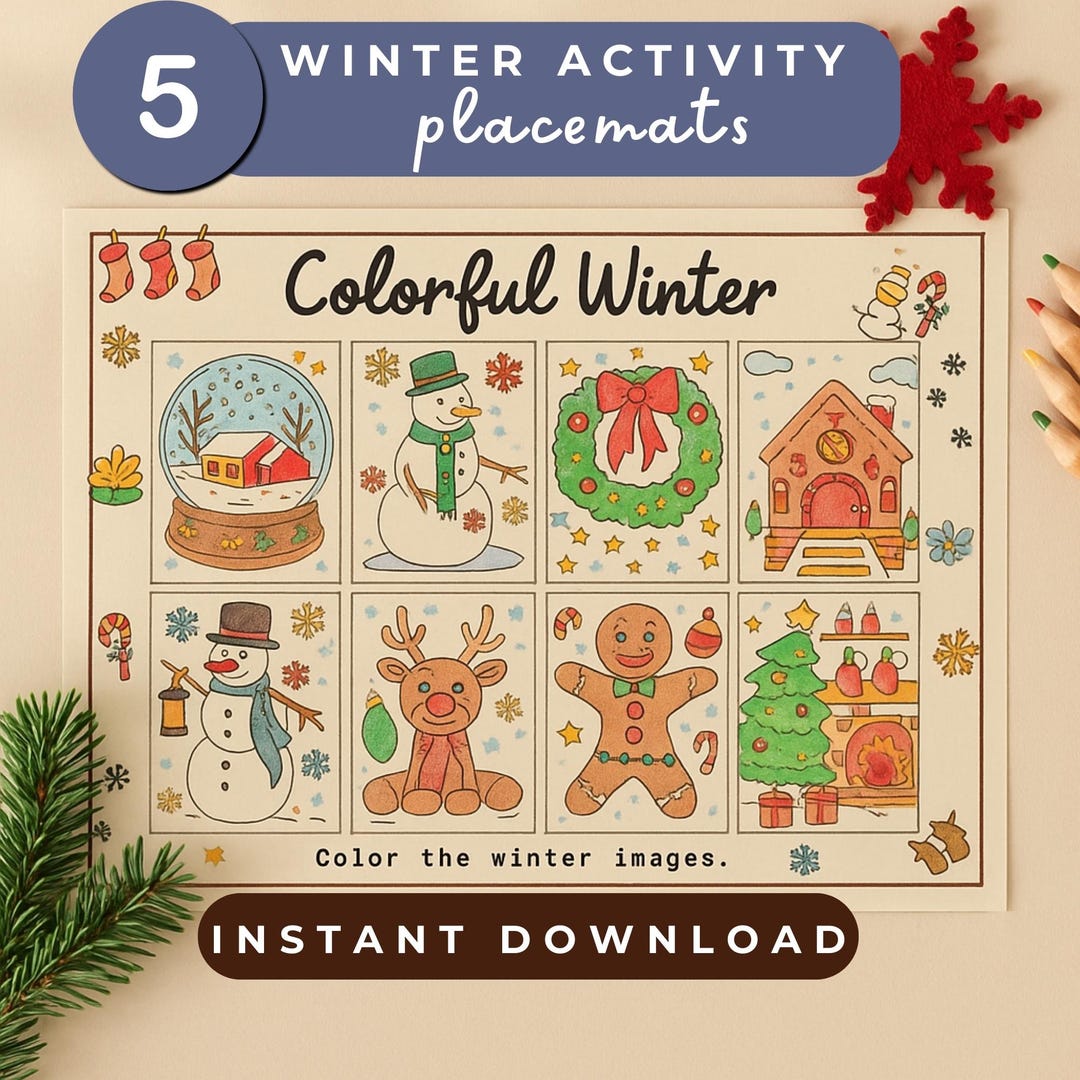 Winter Activity Placemats, Fun Printable Kids Coloring Sheets, Holiday ...