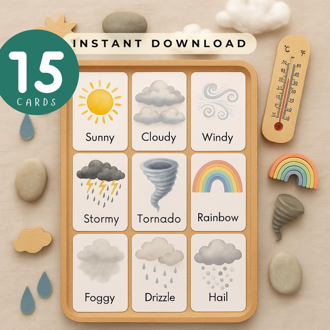 Montessori Weather Flashcards | 15 Watercolor Printable Cards for Kids ...