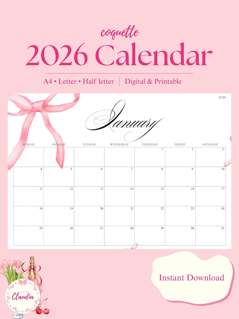 2026 Coquette Calendar, Digital Calendar, Printable Calendar, Aesthetic ...