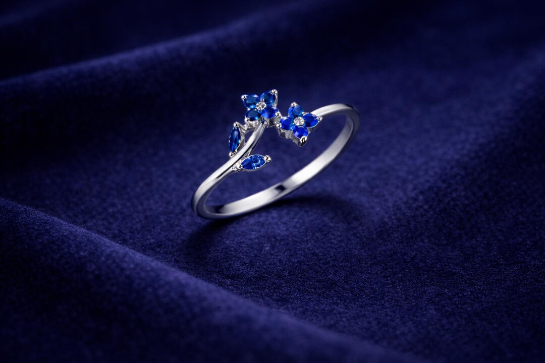 Gold Plated Blue Flower Ring, Dainty Floral Ring, Minimalist Sapphire ...