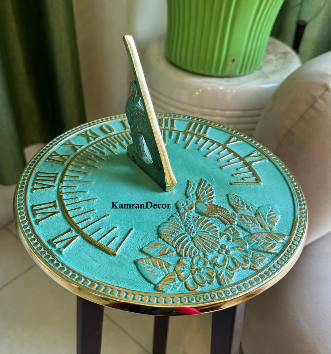 Brass Garden Sundial, Verdigris Bird & Flowers Design, 10" Sun Clock - Etsy