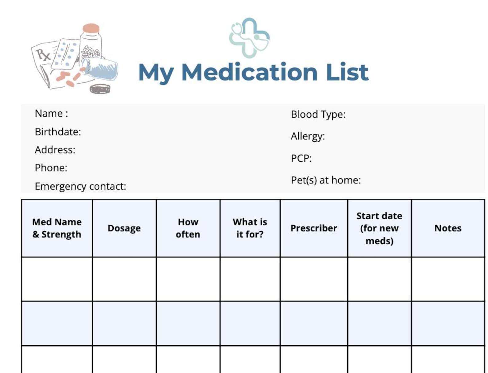 Medication List Med Tracker Current Med Lists Printout PDF - Etsy