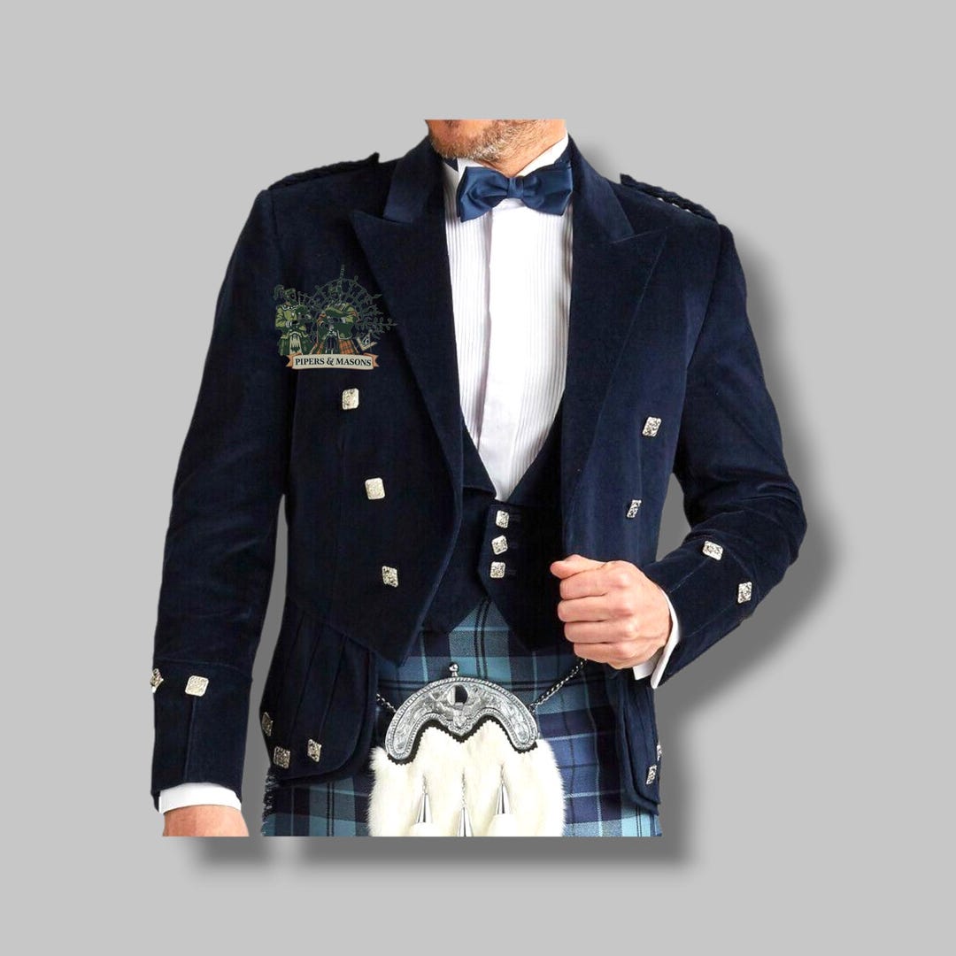 Men's Dark Blue Velvet Doublet Kilt Jacket With Vest Scottish Handmade ...