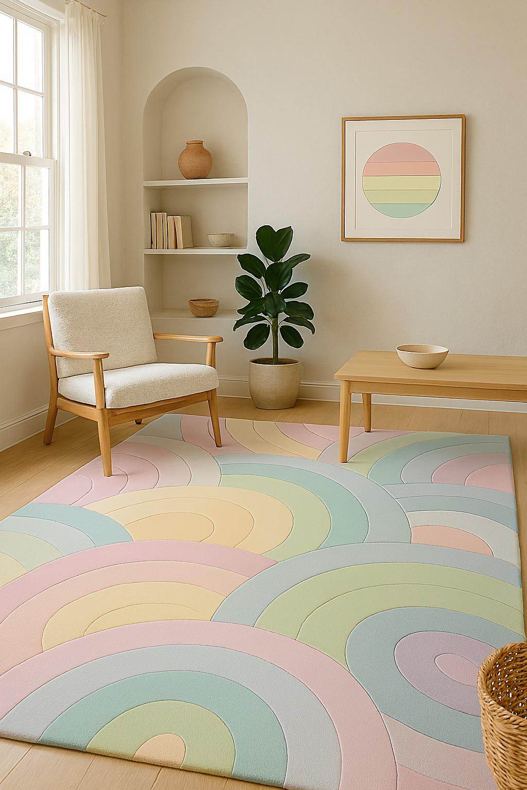 Pastel Rainbow Arch Area Rug – Soft Modern Geometric Design for Living ...